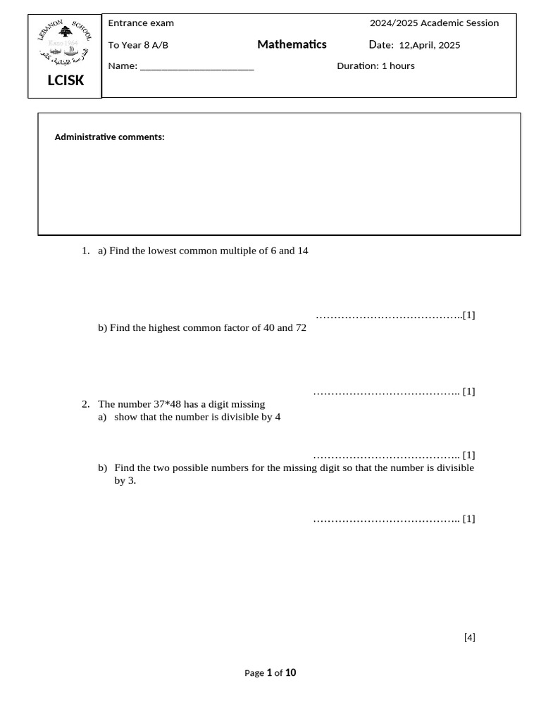 Year 8 Mathematics Entrance Exam | PDF | Mathematics