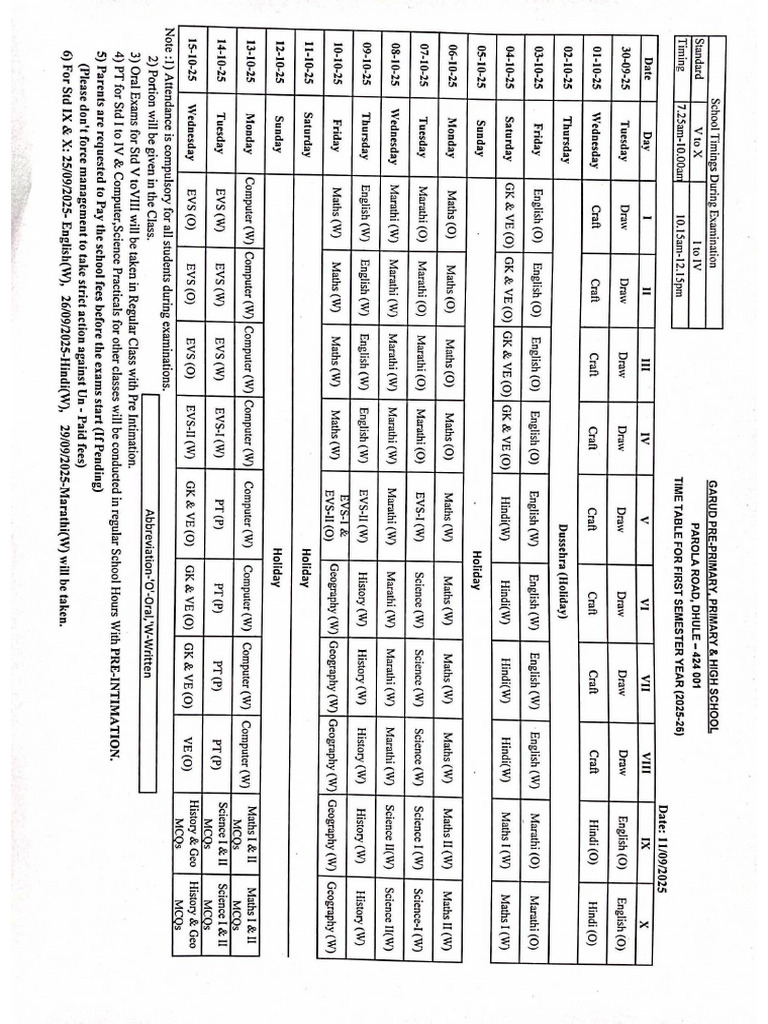 1st Semester Exam Time Table 2025-26 | PDF