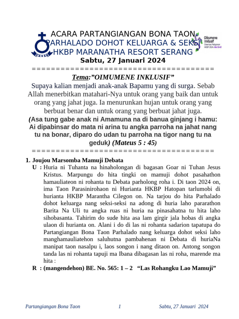 Acara Partangiangan Bona Taon Parhalado 2024 | PDF