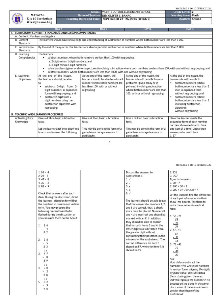DLL Matatag Mathematics 2 q2 w5 | PDF | Subtraction | Arithmetic