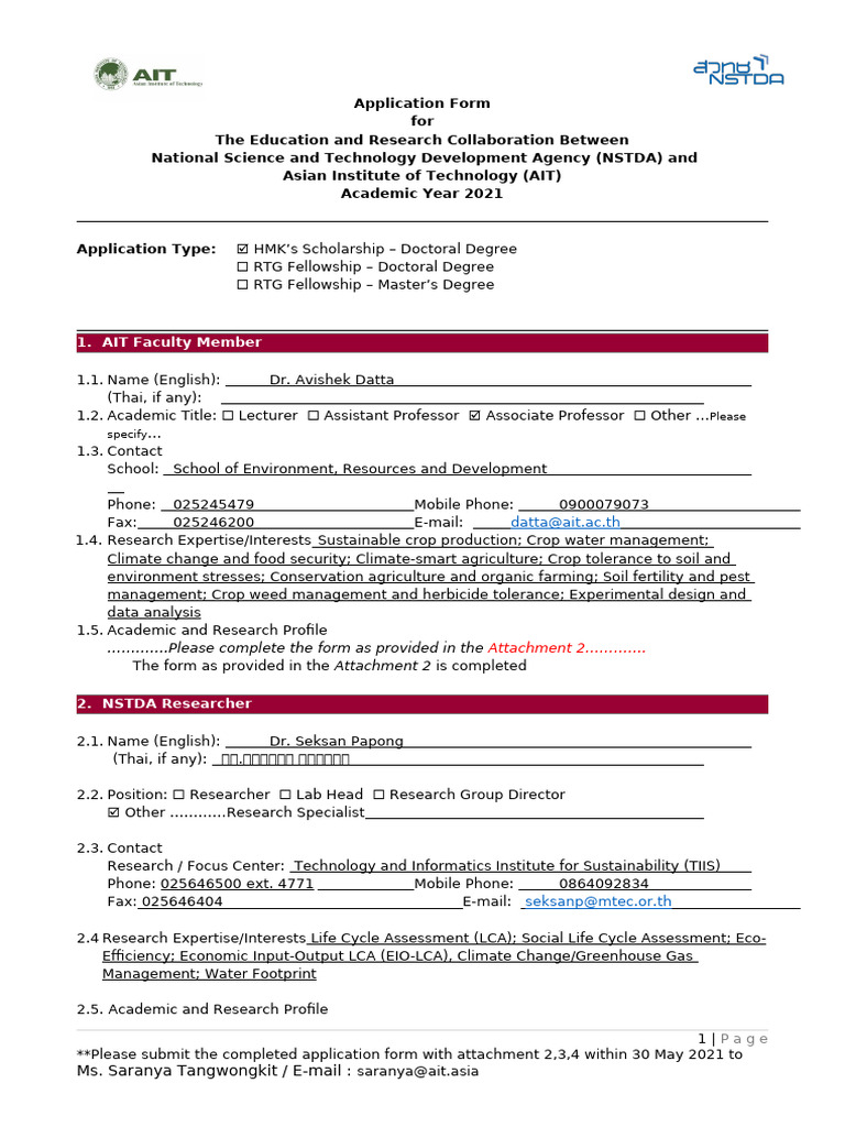 Final Application Form NSTDA AIT 2021 Toma Den Nath FINAL | PDF ...