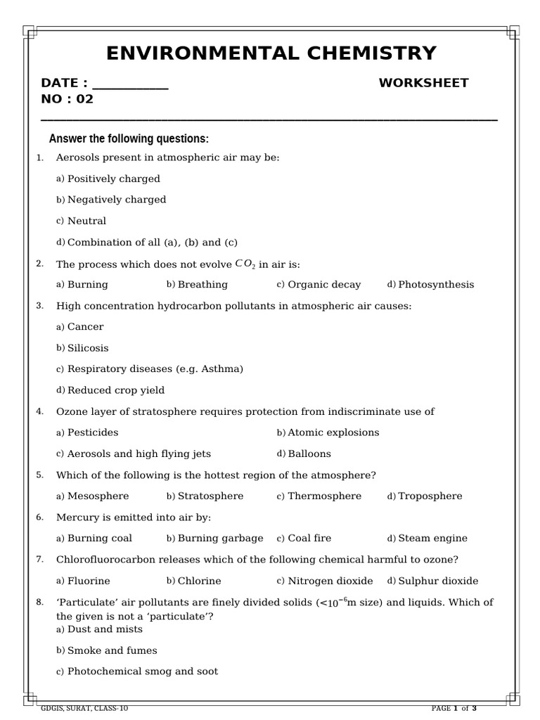 Environmental Chemistry Worksheet 02 | PDF | Atmosphere Of Earth ...
