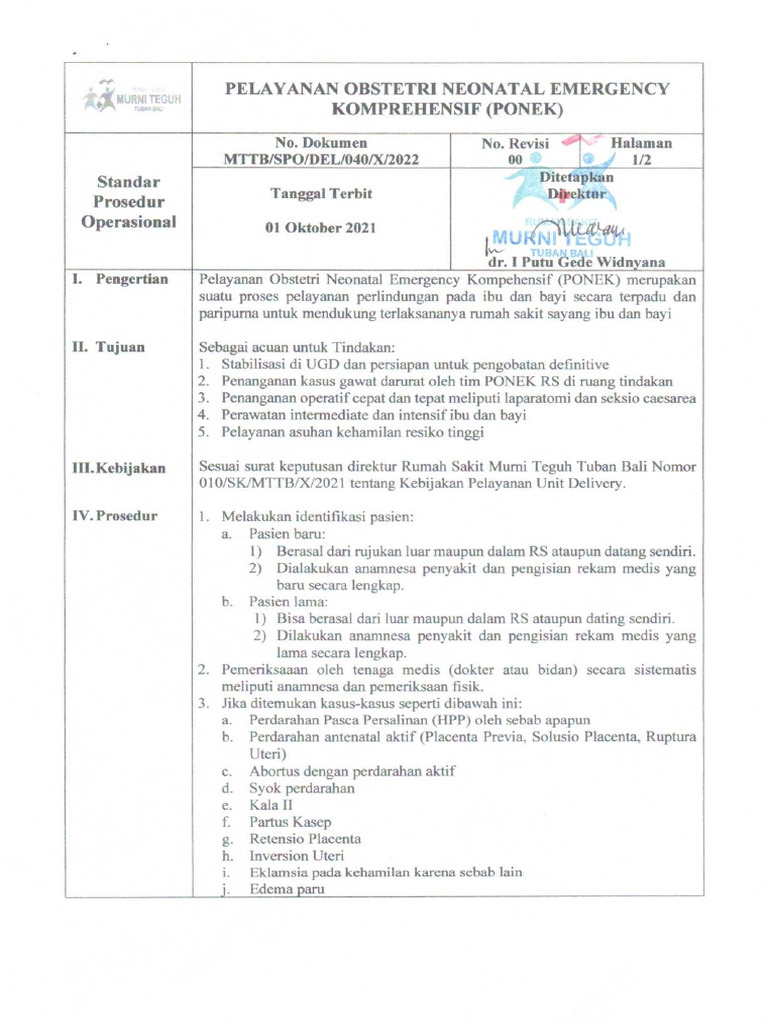 Spo Pelayanan Ponek | PDF