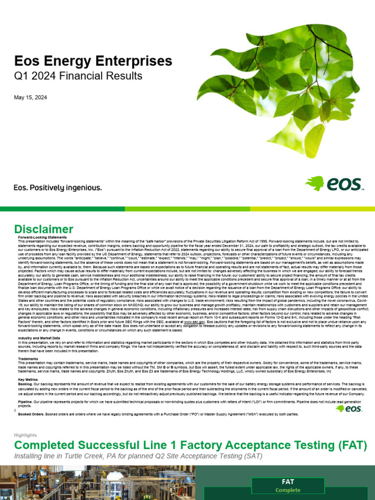 Eos Energy Q1 2024 Financial Overview | PDF | Expense | Risk