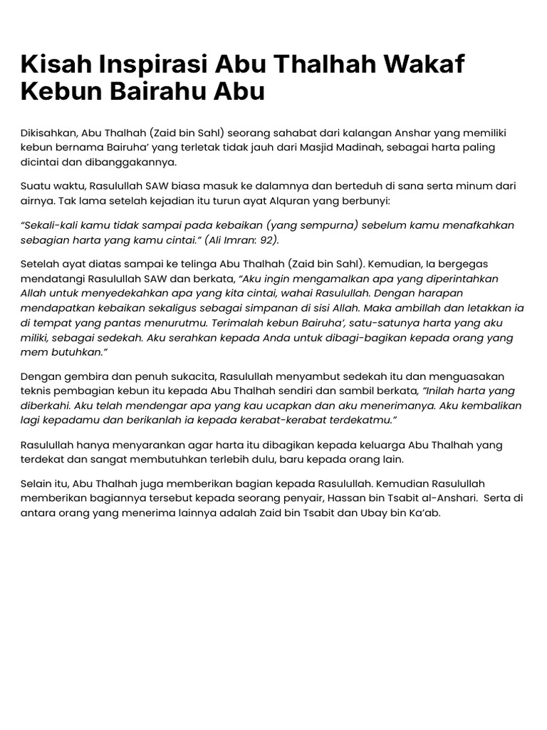 Kisah Sedekah Kebun Bairuha Abu Thalhah | PDF