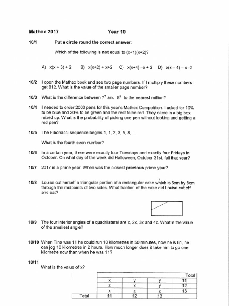 Year 10 Mathex Questions and Answers 2017 | PDF