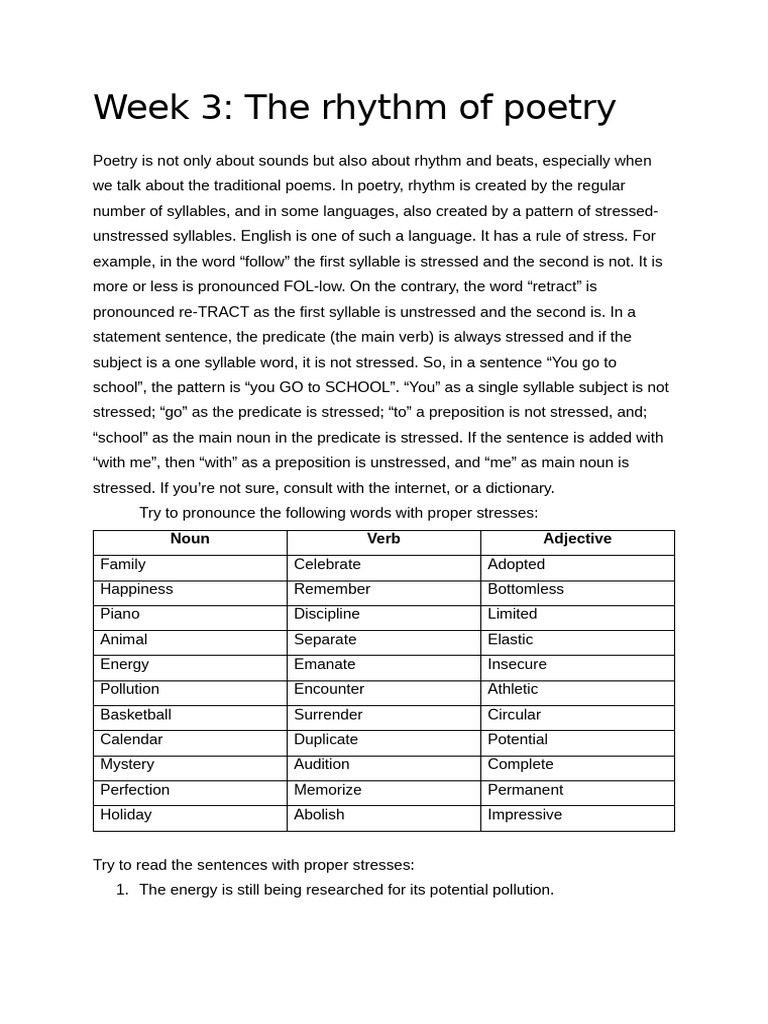 Week 3 The Rhythm of Poetry | PDF | Stress (Linguistics) | Metre (Poetry)