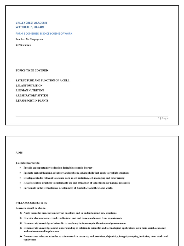 Vca Form 3 Combined Science 3rd Term Scheme of Work | PDF | Respiratory ...