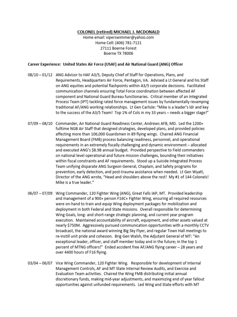 Colonel Michael J. McDonald's Military Career | PDF | Air National ...
