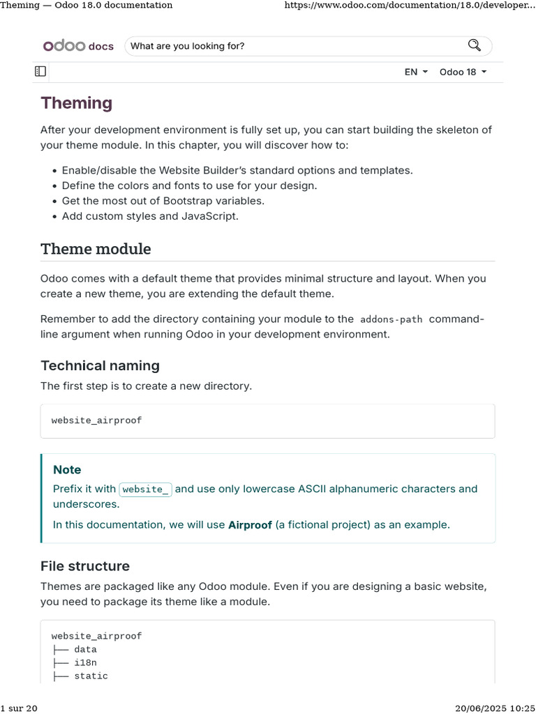 Odoo 18 Theme Module Guide | PDF | Java Script | Bootstrap (Front End ...