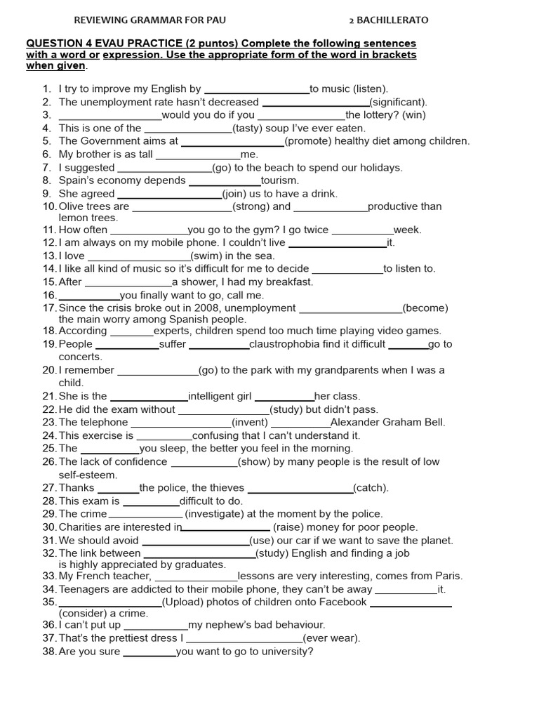 Reviewing Grammar For Pau 2 Bachillerato | PDF