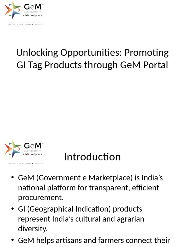 Unlocking Opportunities: Promoting GI Tag Products Through GeM Portal | PDF