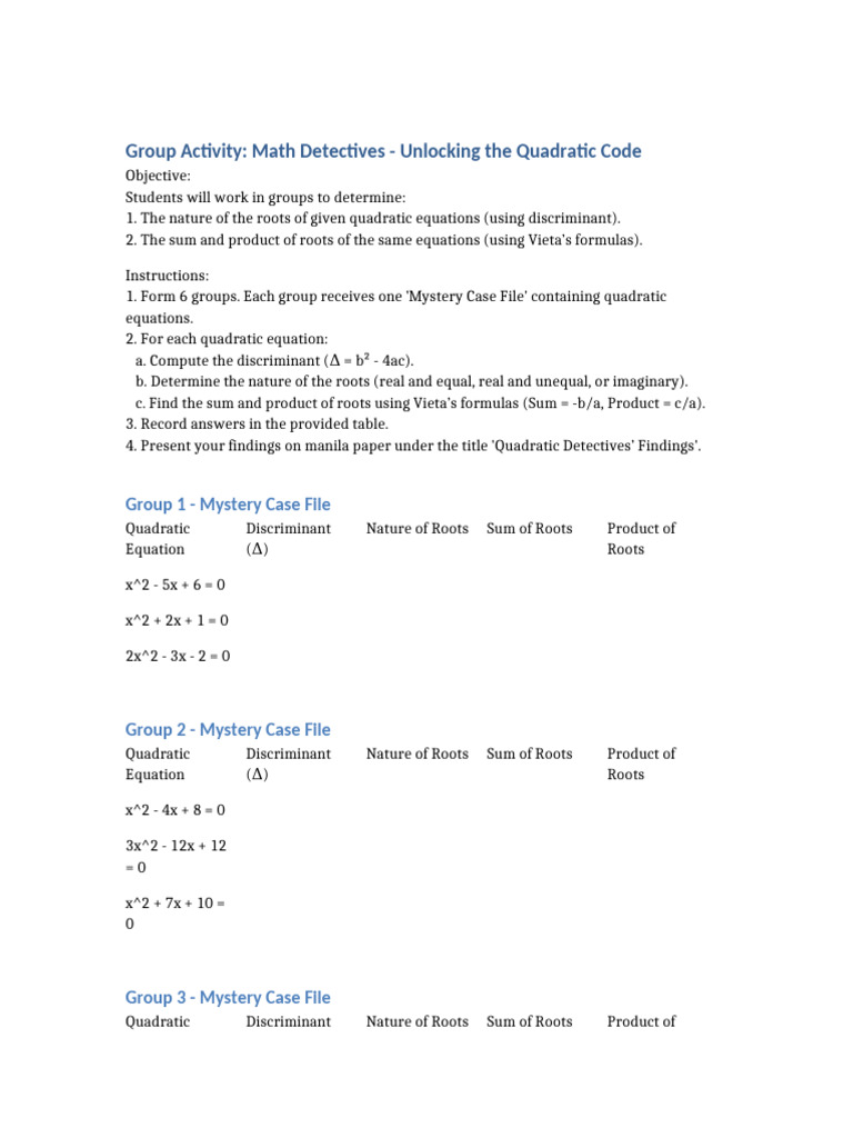 Group Activity Quadratic Detectives | PDF