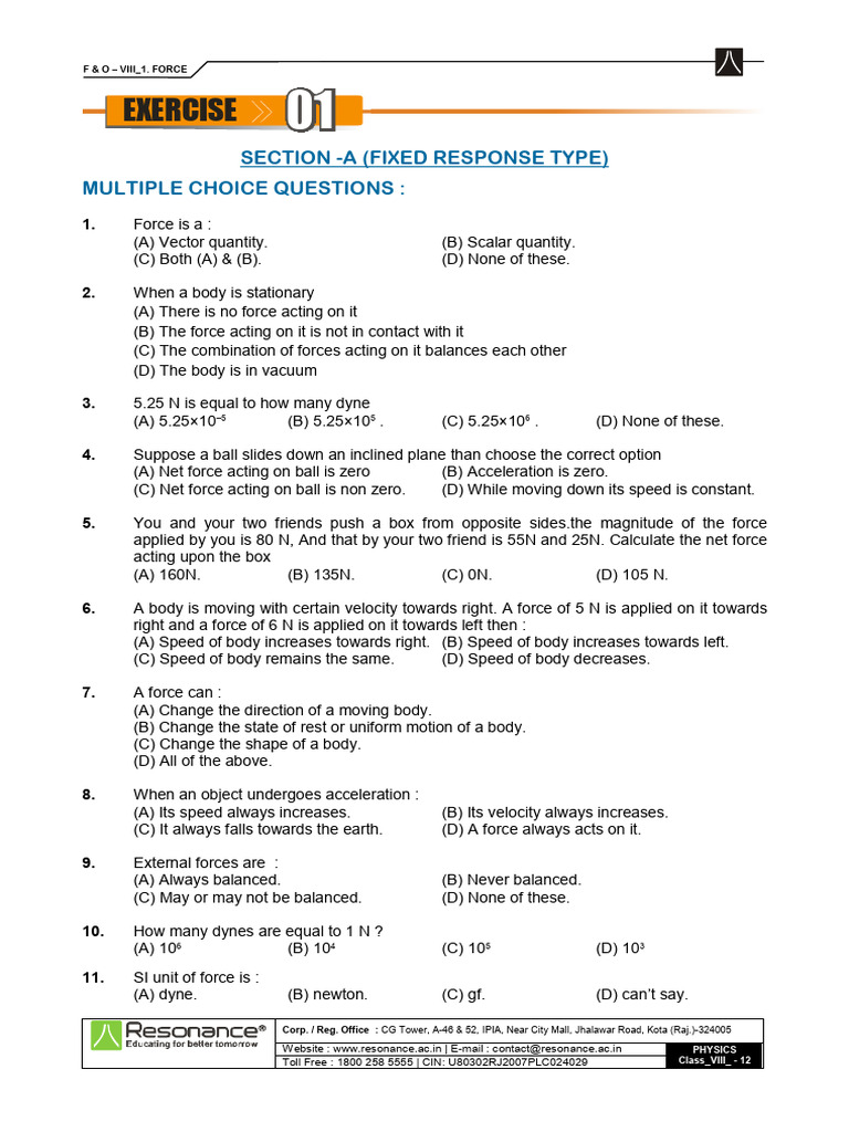 Force Concepts and Exercises for Class VIII | PDF | Force | Weight