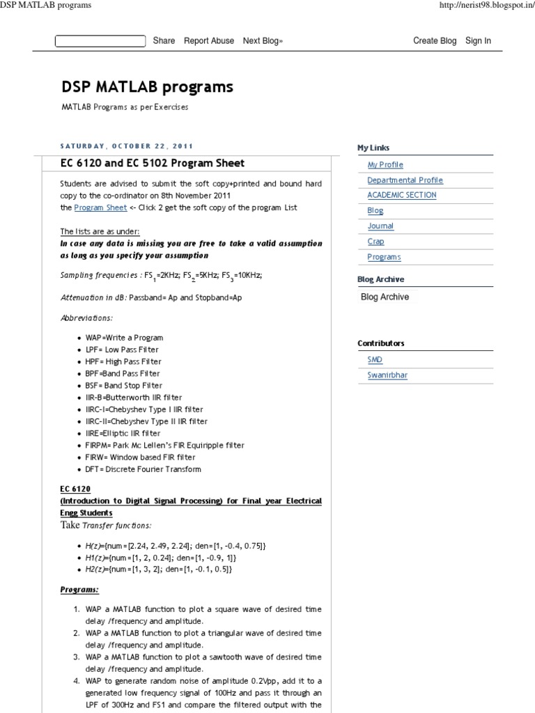 Dsp Matlab Programs Pdf Digital Signal Processing Filter Signal