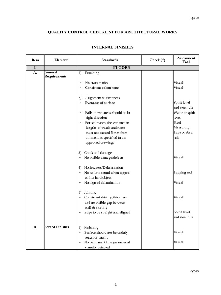 Qc.29.Quality Control Checklist For Architectural Works (Not Applicable ...