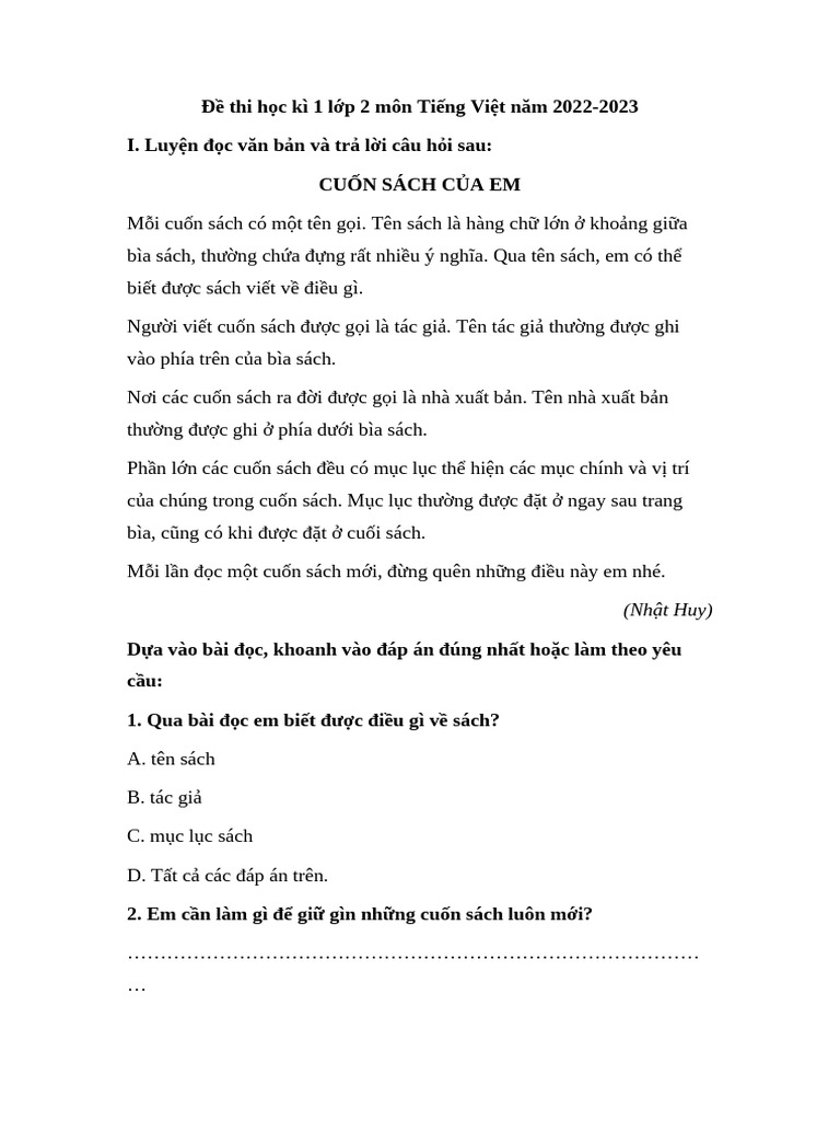 De Thi Hoc Ki 1 Lop 2 Mon Tieng Viet Theo KNTT de 6 | PDF