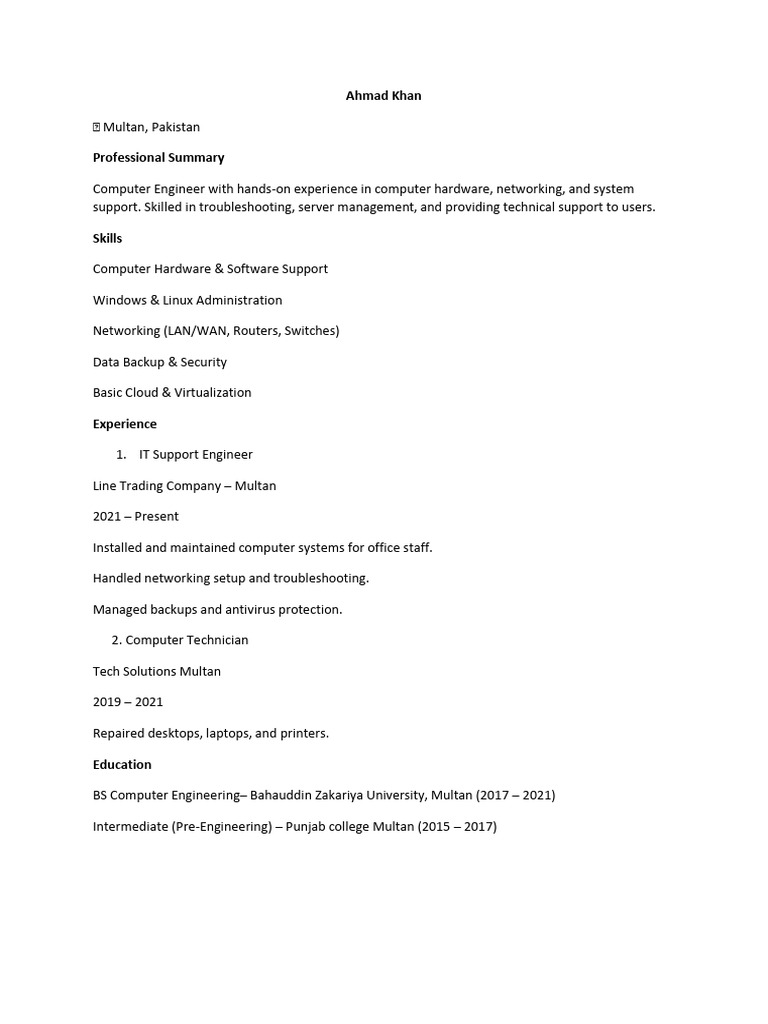 Ahmad Khan: Computer Engineer Profile | PDF