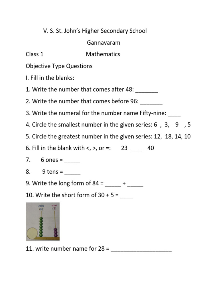Class 1 Mathematics Objective Questions | PDF | Shape | Numbers