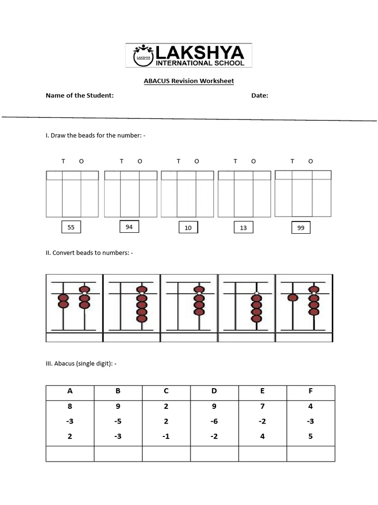 Abacus Grade 1 Revision Worksheet | PDF