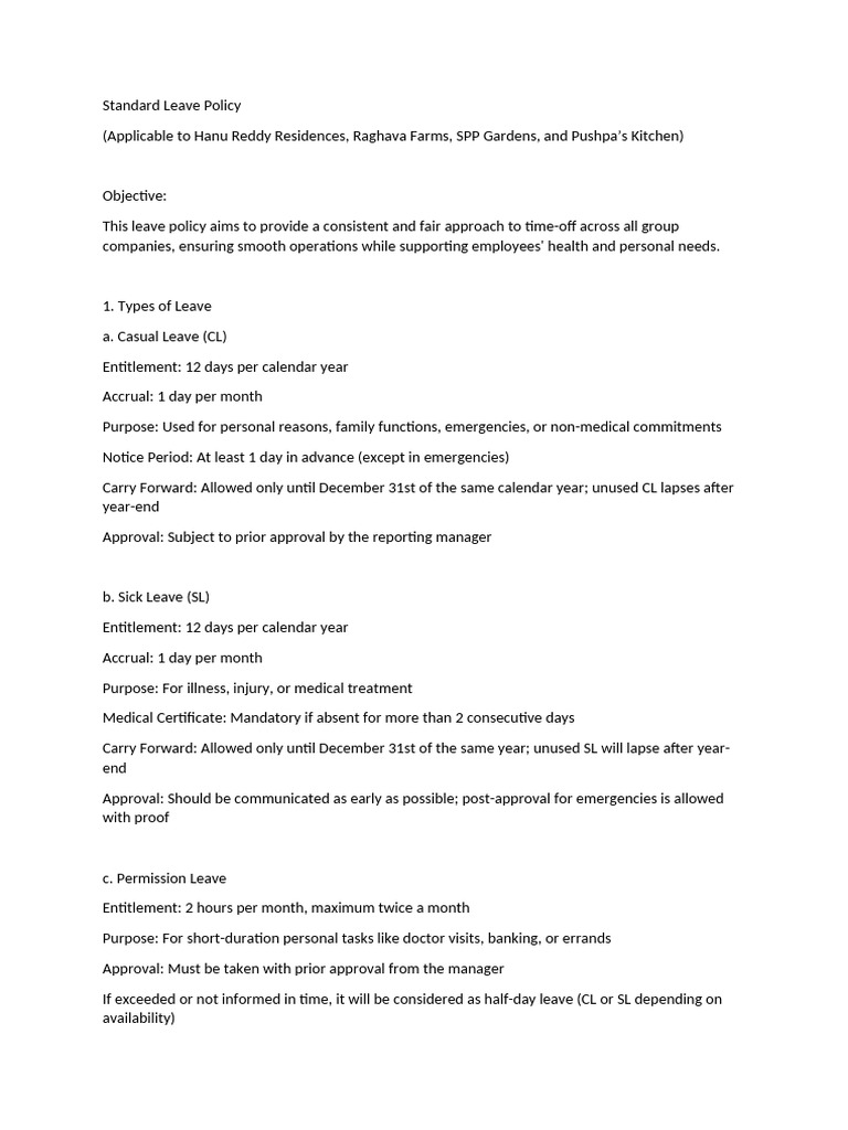 Standard Leave Policy Draft | PDF