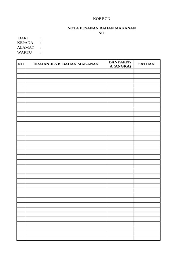 Nota Pesanan Bahan Makanan BGN | PDF