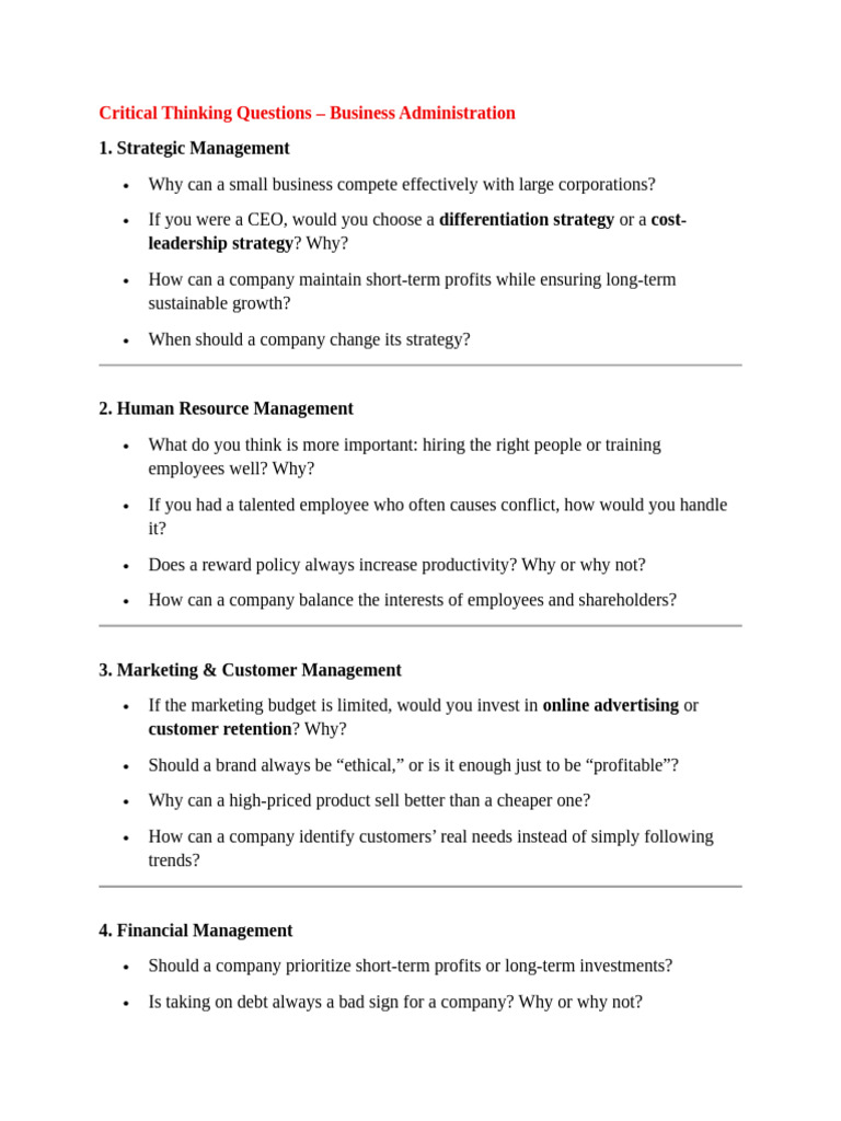 Business Administration Critical Thinking Questions | PDF | Strategic ...