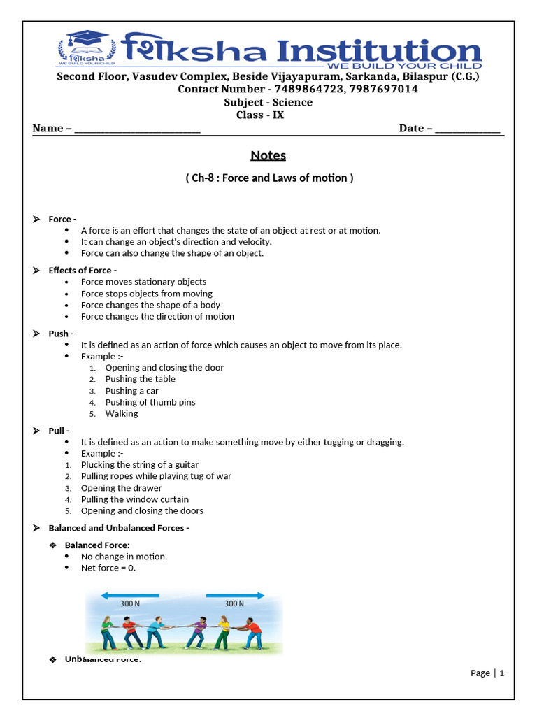 Class IX Science: Forces & Motion Notes | PDF | Inertia | Force