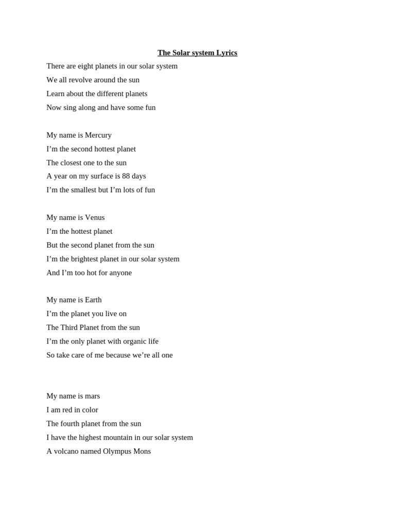 The Solar System Lyrics | PDF