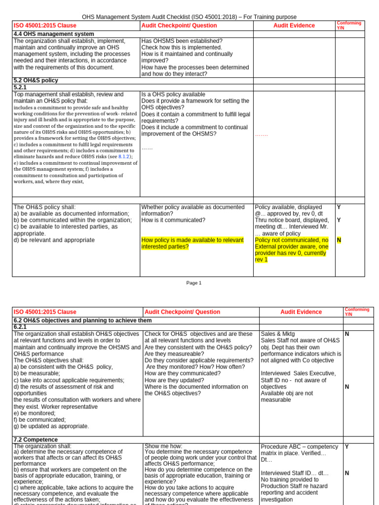 ISO 45001 Checklist For TRNG Purpose | PDF | Audit | Occupational ...