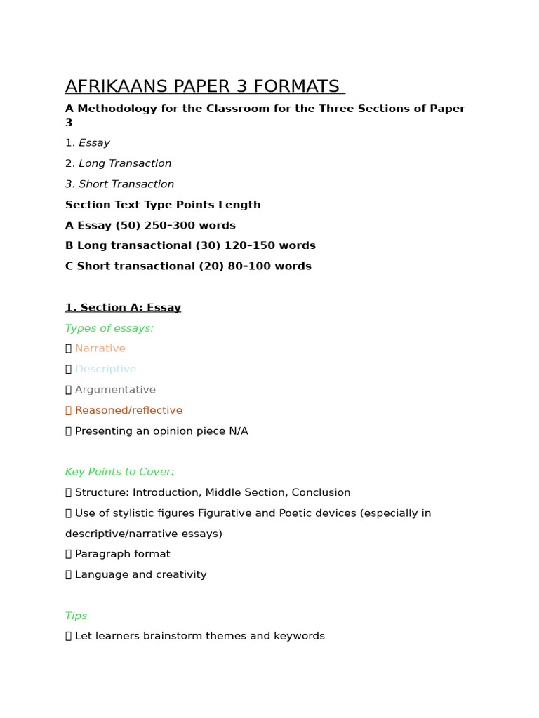 Afrikaans Paper 3 Formats | PDF | Essays | Narrative