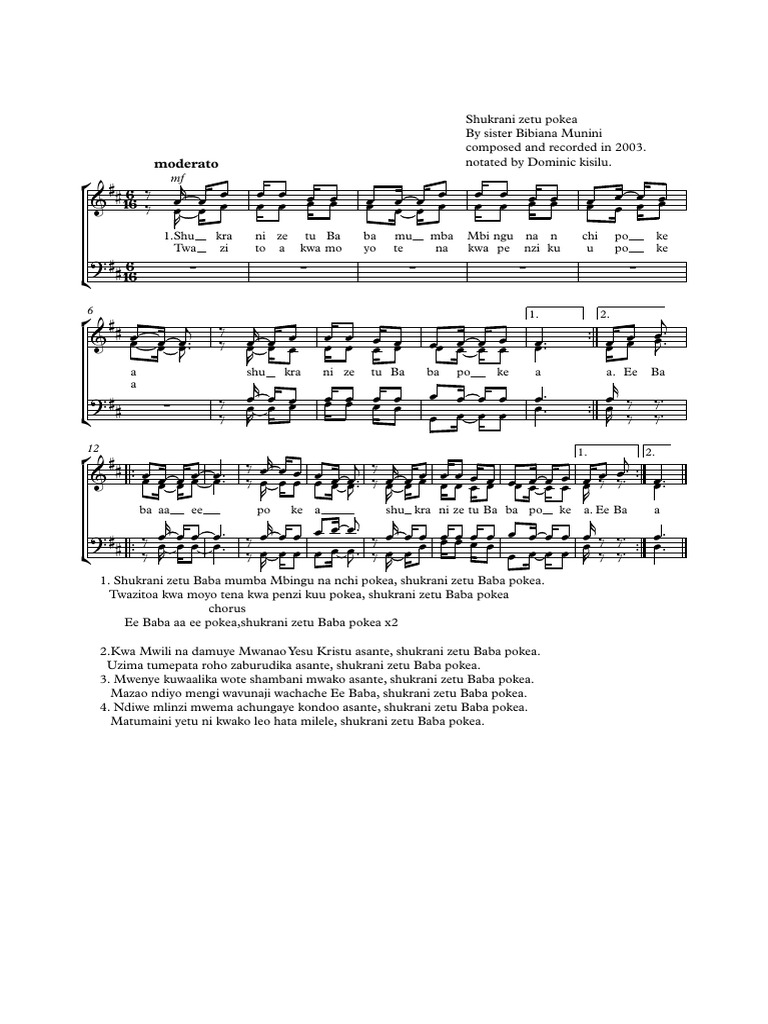 Shukrani Zetu Pokea - Full Score | PDF