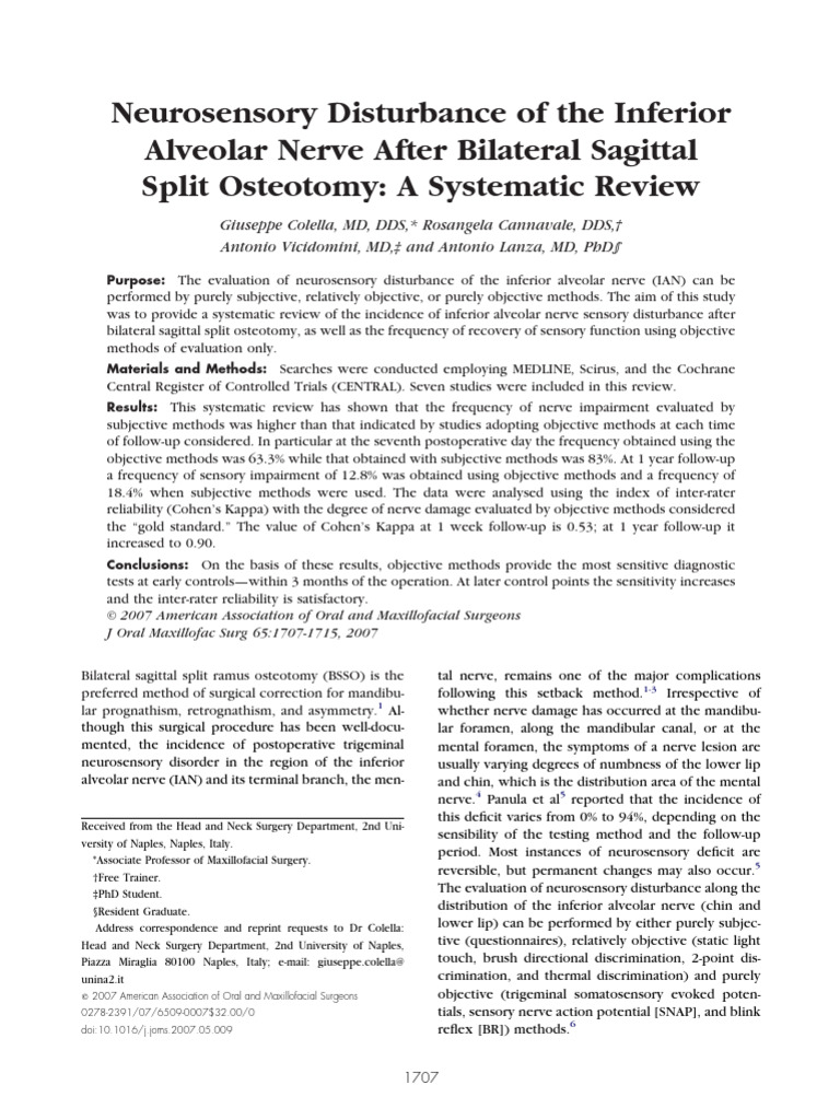 Neurosensory Disturbance of The Inferior Alveolar Nerve in Bsso | PDF ...