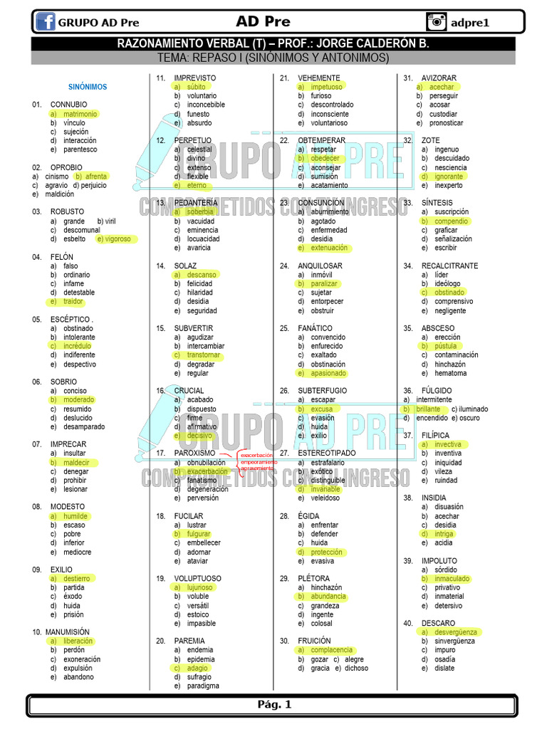 CLAVES - RV - SEMANA 04 - (T) - Repaso I (Sinónimos y Antónimos) | PDF