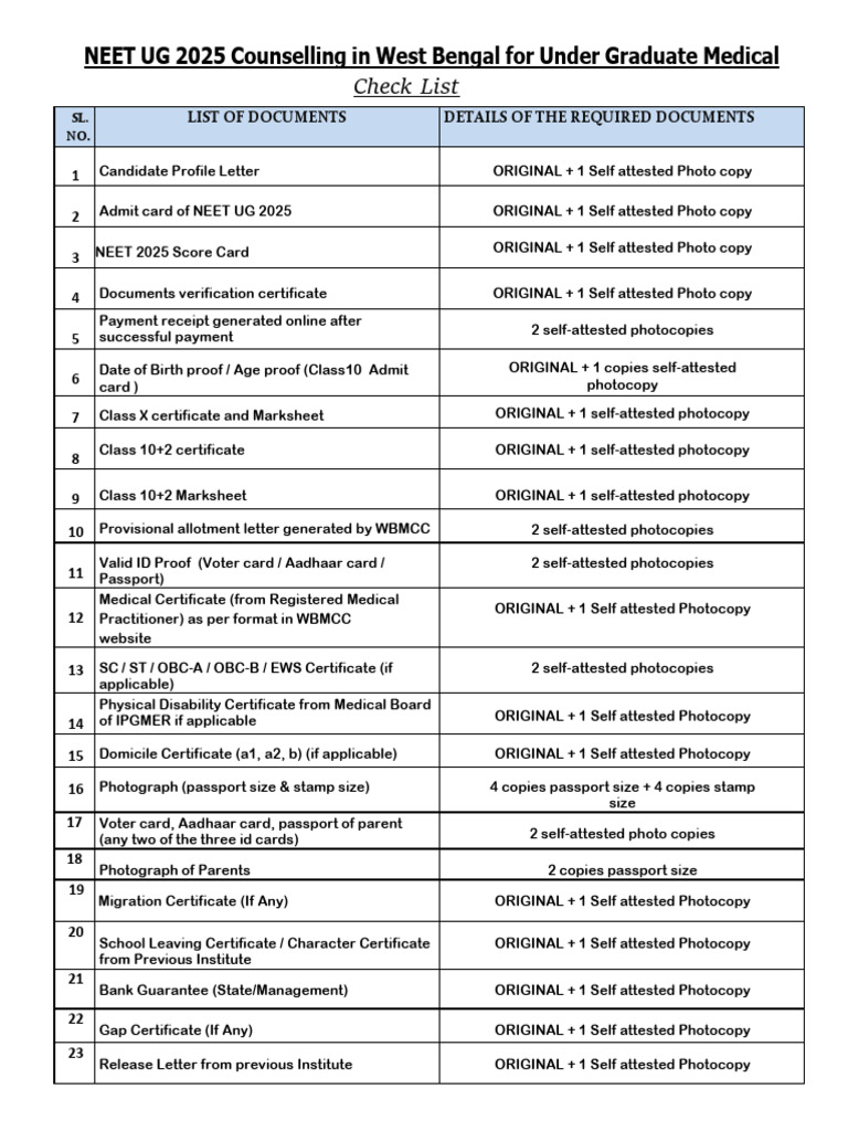 NEET UG 2025 West Bengal Counselling Checklist | PDF | Authentication ...