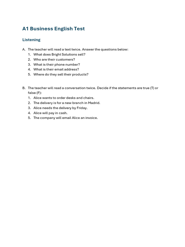 A1 Business English Listening Test | PDF