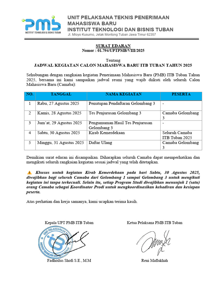 Surat Edaran Jadwal Pmb Itb Tuban | PDF