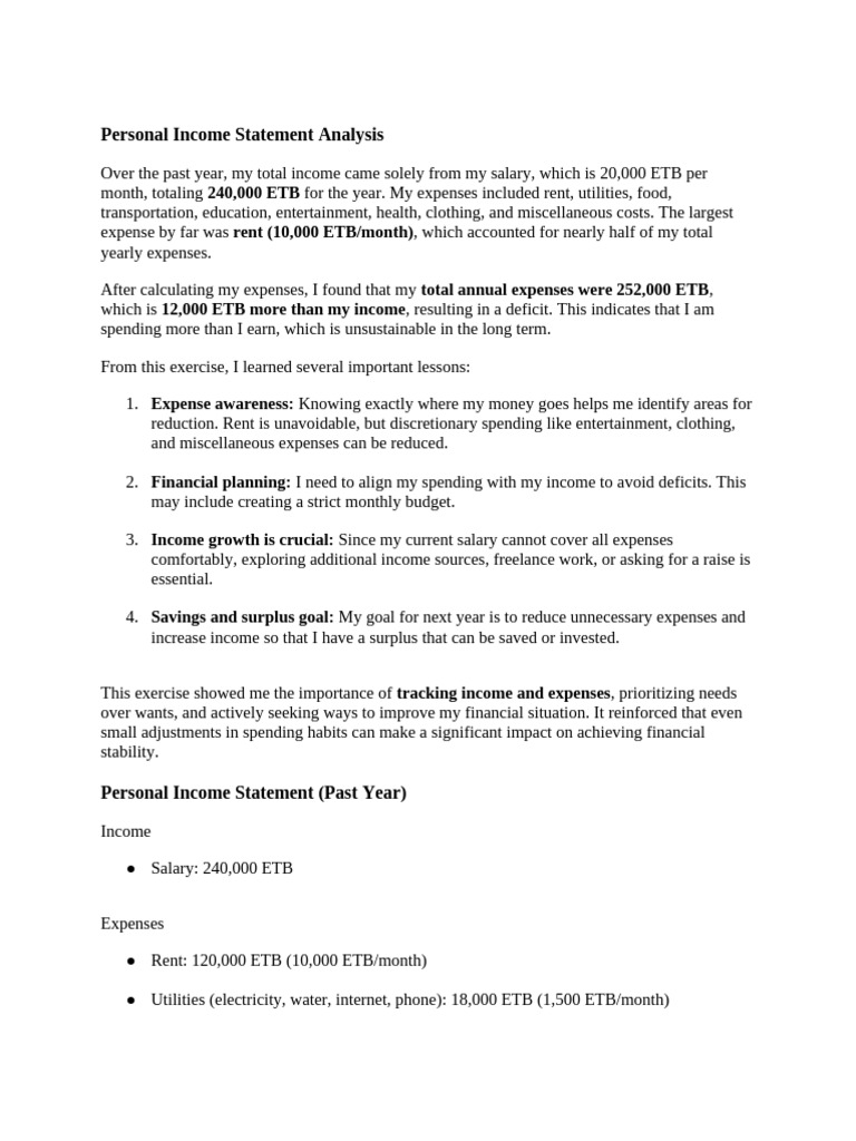 Personal Income Statement Analysis | PDF | Expense | Income