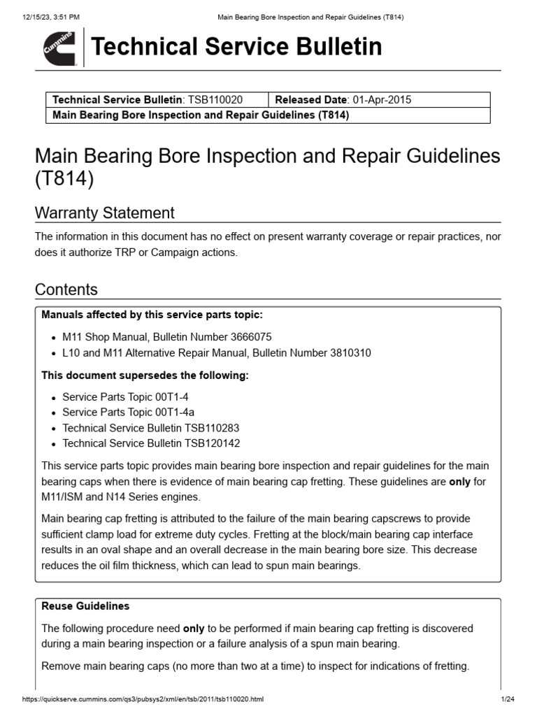Main Bearing Inspection & Repair Guide | PDF | Screw | Pipe (Fluid ...