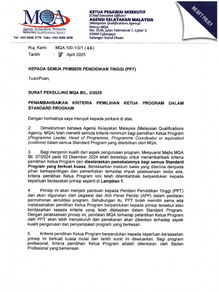 Surat Pekeliling MQA Bil. 2 2025 | PDF