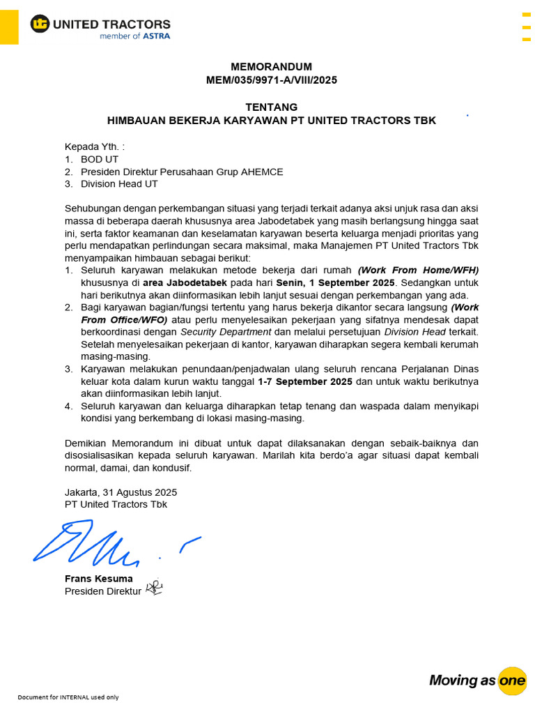 Memo Himbauan Bekerja Karyawan PT United Tractors TBK | PDF