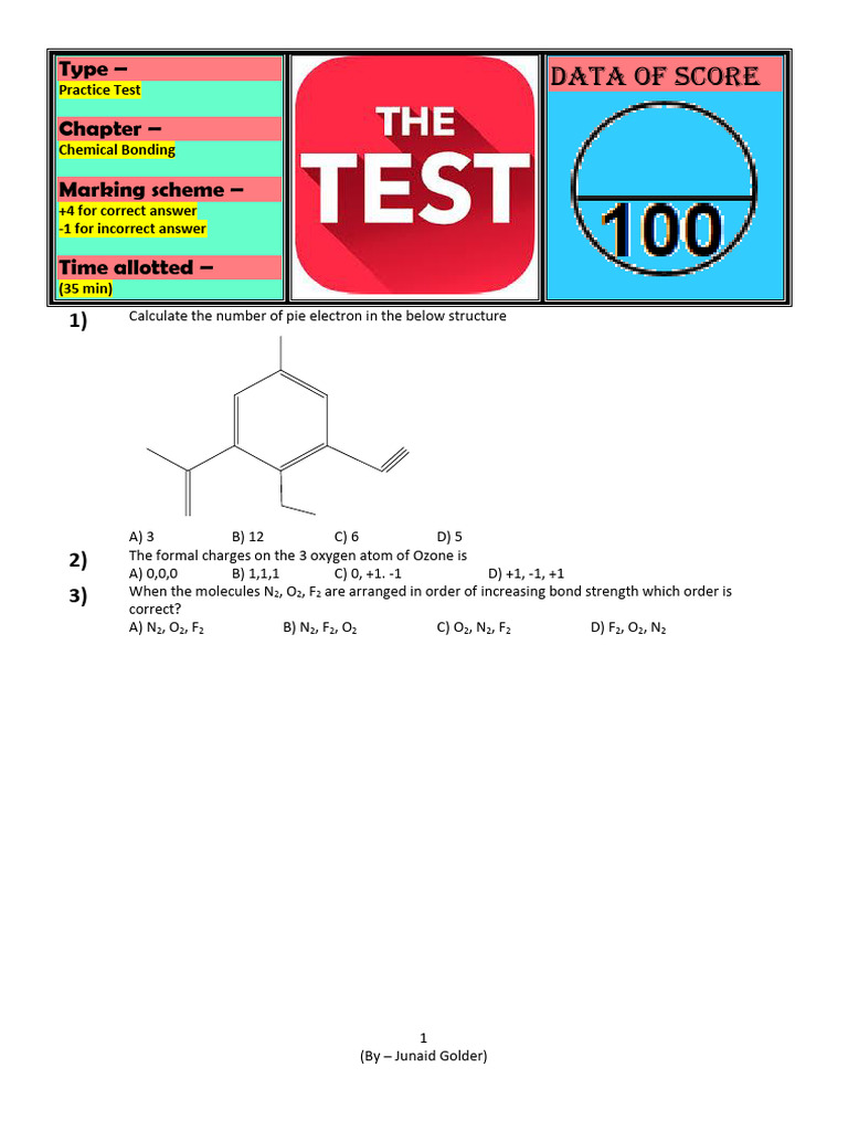 Chemical Bonding Practice Test | PDF | Chemical Bond | Chemistry