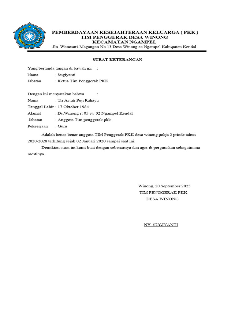 Surak Keterangan Anggota Pkk.. | PDF