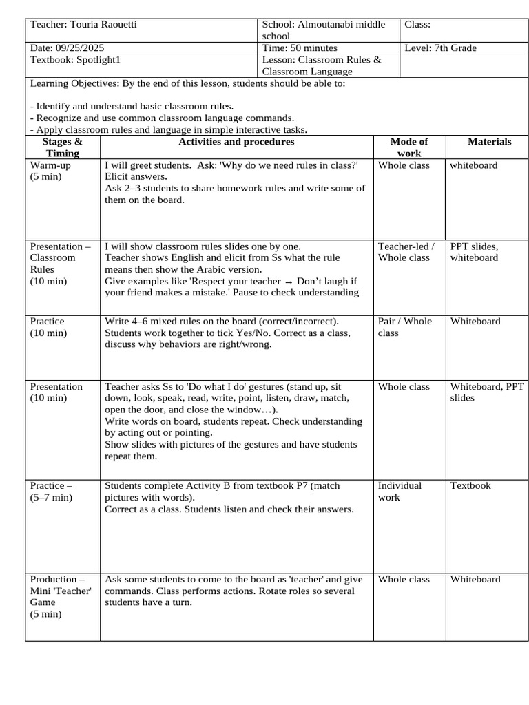 Classroom Rules & Language for 7th Grade | PDF | Classroom | Teachers