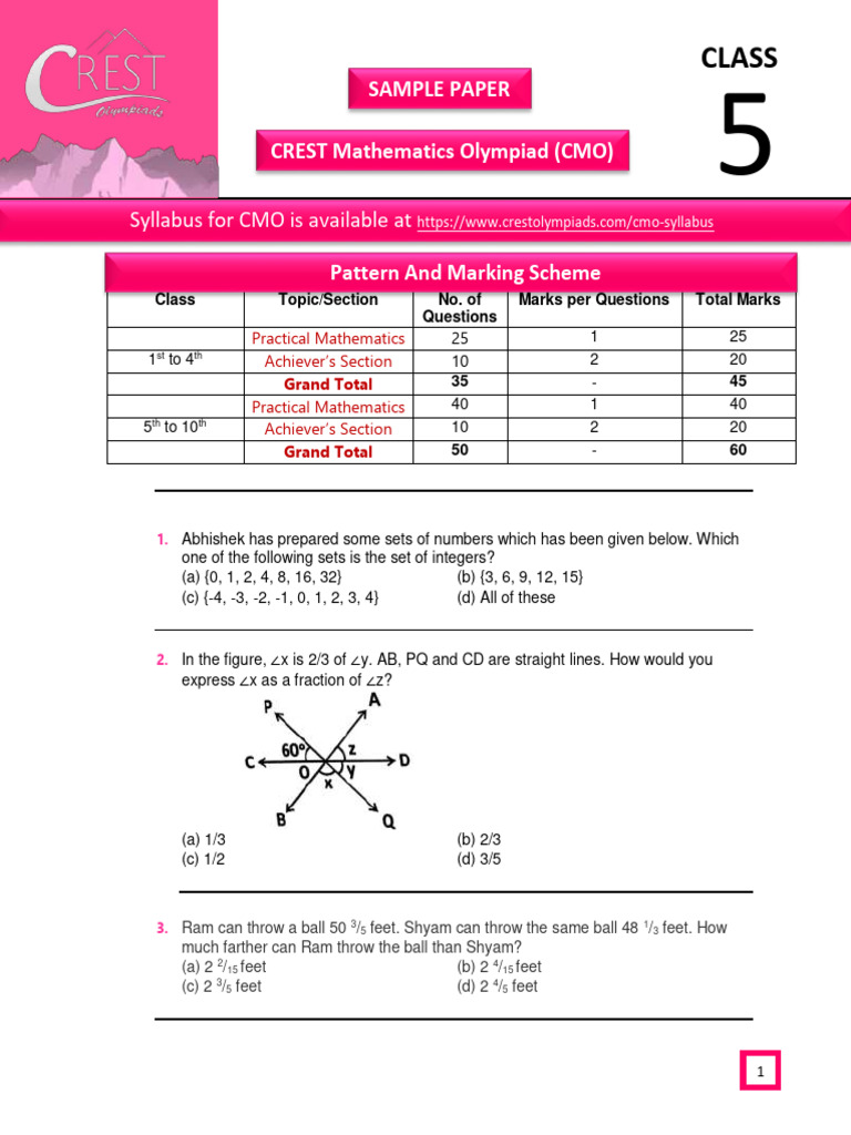Class 5 CMO Sample Paper Solutions | PDF | Mathematics