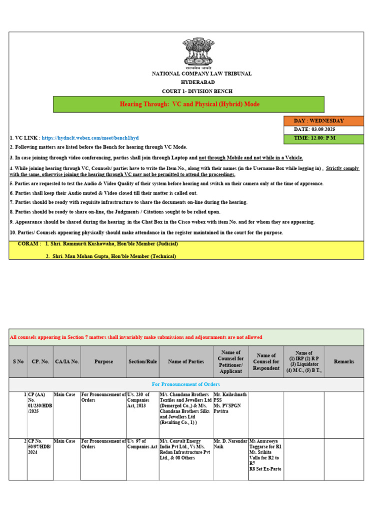 03.09.2025 Cause List Court 1 NCLT Hyderabad | PDF | Bankruptcy ...