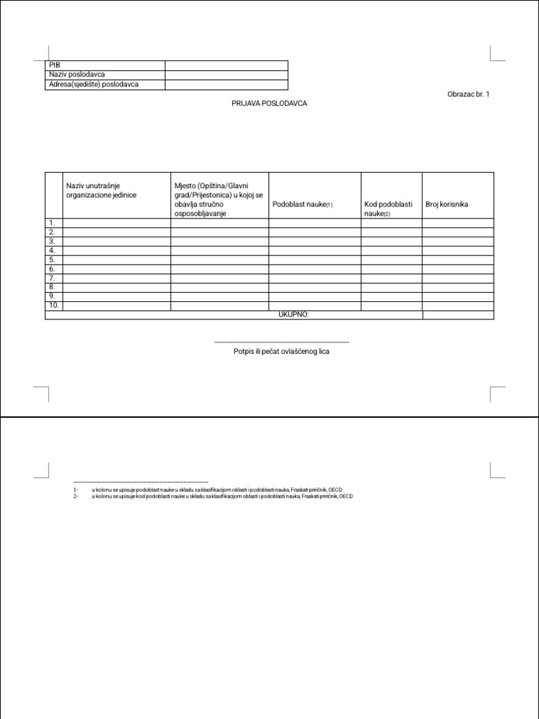 Obrazac+1+ Prijava+Poslodavca | PDF