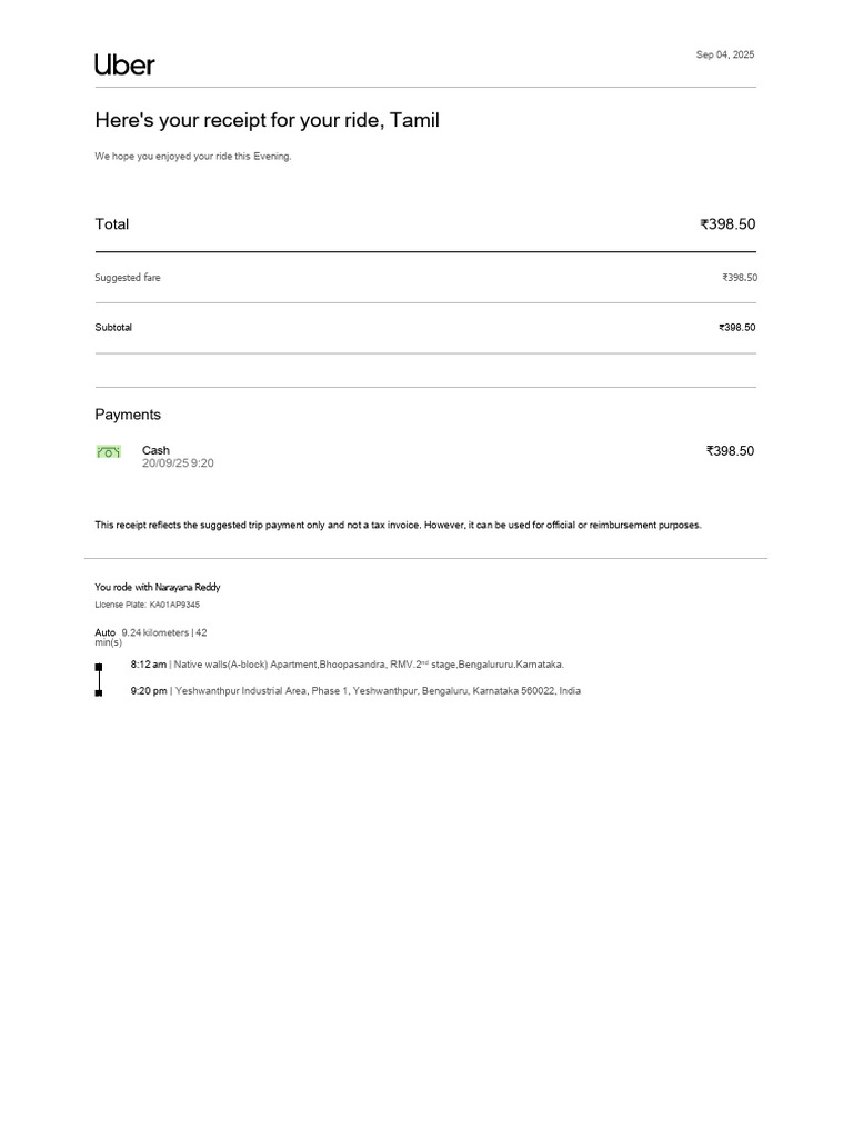 Uber - Home To Yeshwantpur (20sep) | PDF