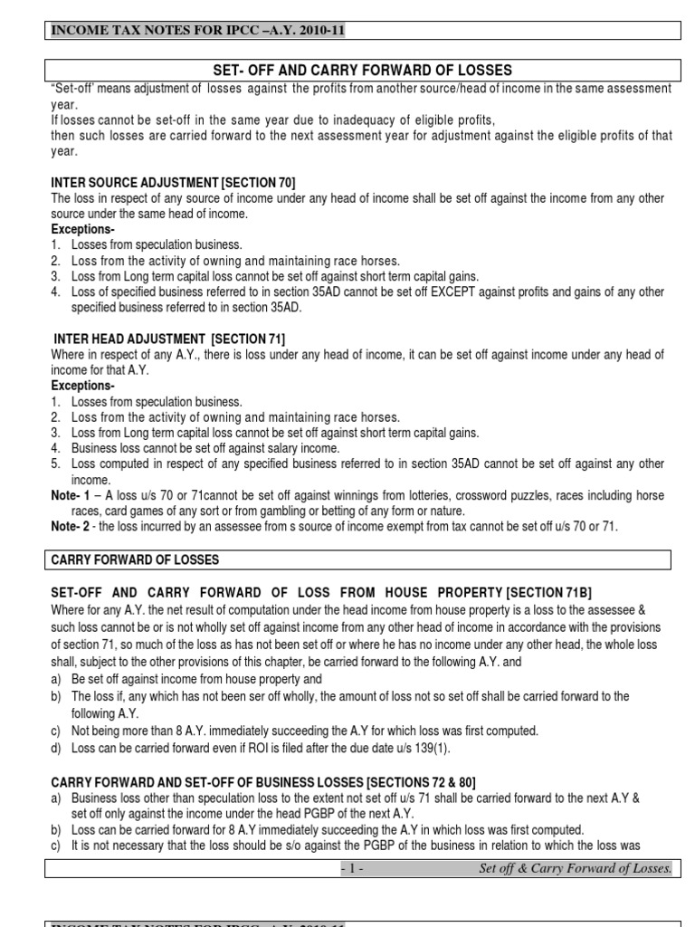 Set Off and Carry Forward of Losses | PDF | Speculation | Income Tax In ...