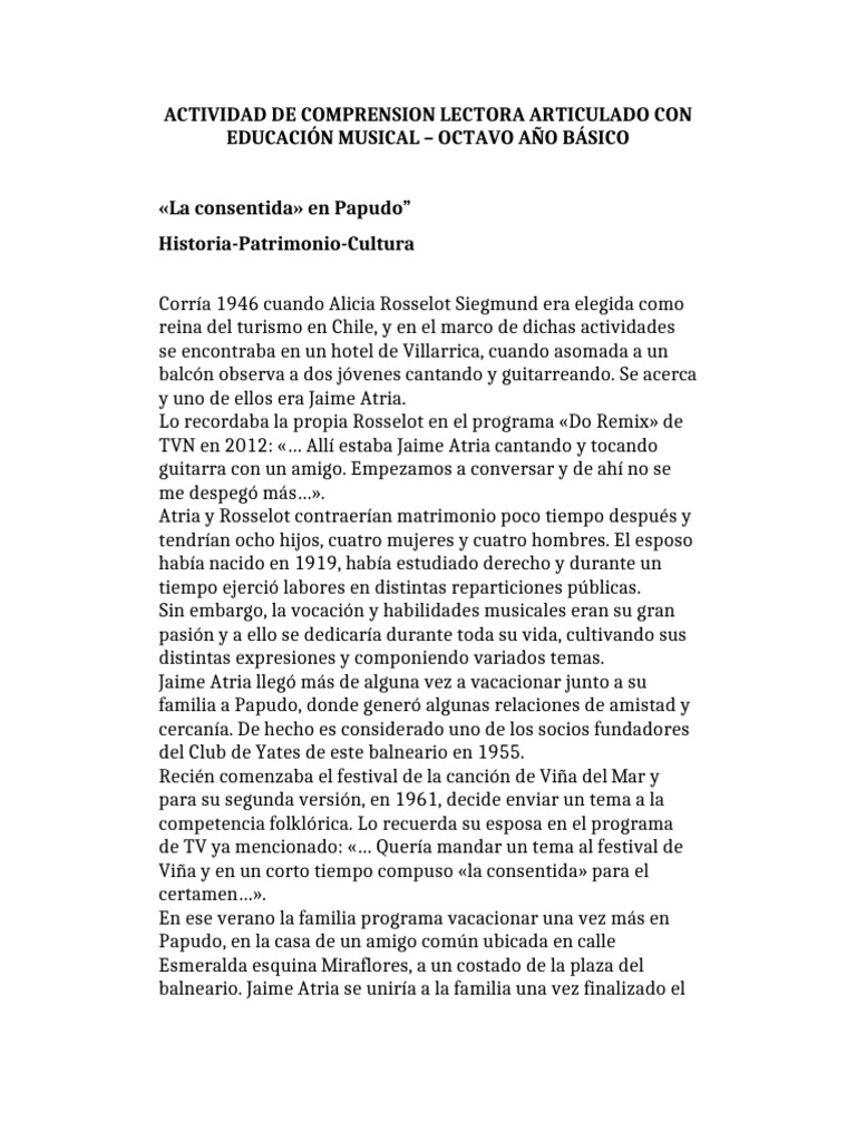 Actividad de Comprension Lectora Articulado Con Educación Musical | PDF ...